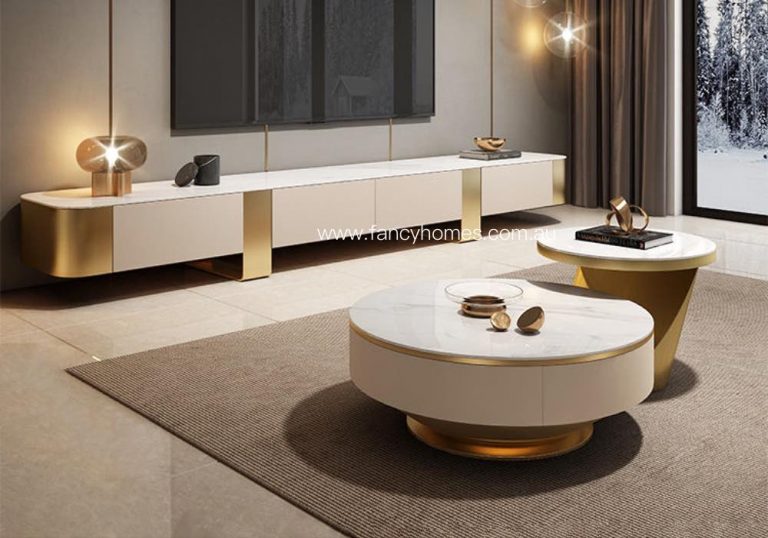 Buy Ambre Sintered Stone TV Unit Set Gold Base, TV Units | Fancy Homes