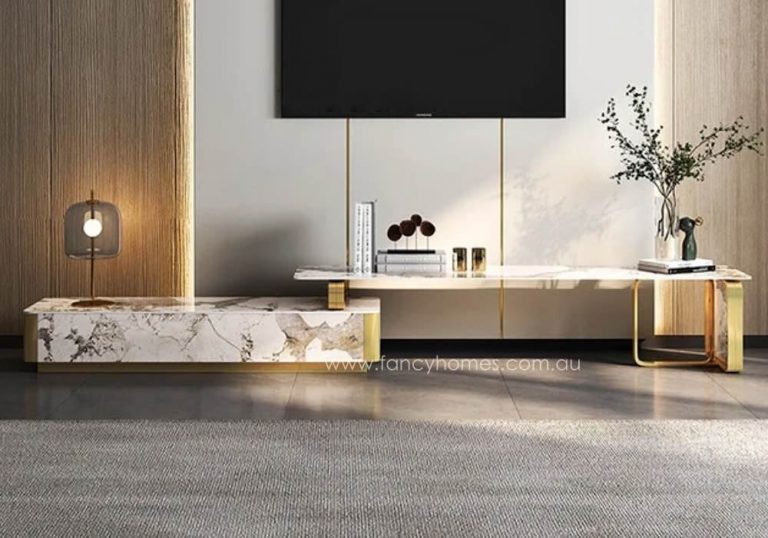 Buy Ivy Sintered Stone Extension TV Unit Set Gold Base, Tables | Fancy ...